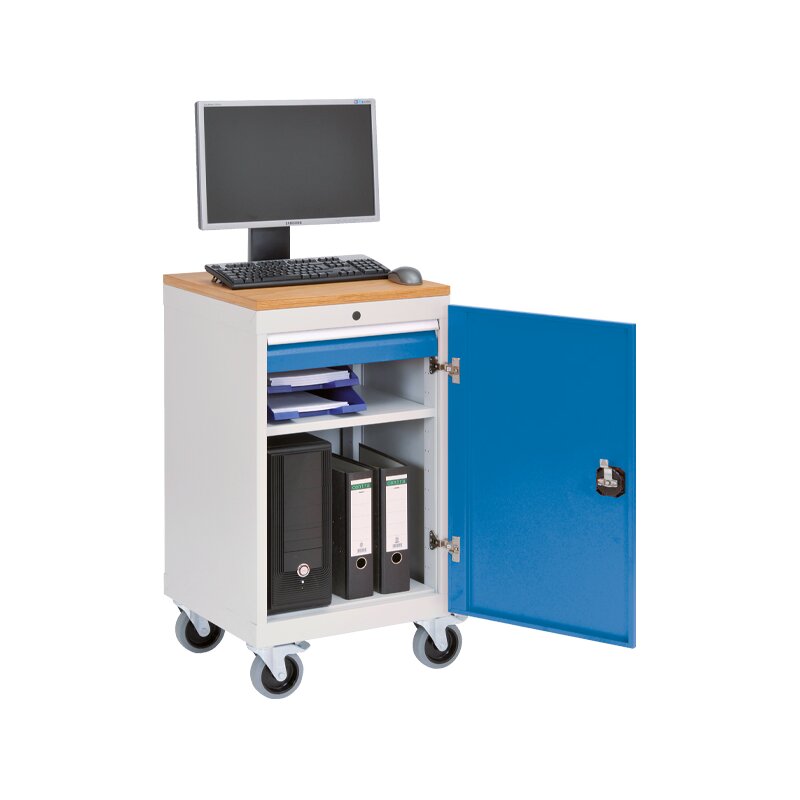 Computerwagen mit Arbeitsplatte, Anzahl Flügeltüren: 1 Maße in mm (Bx